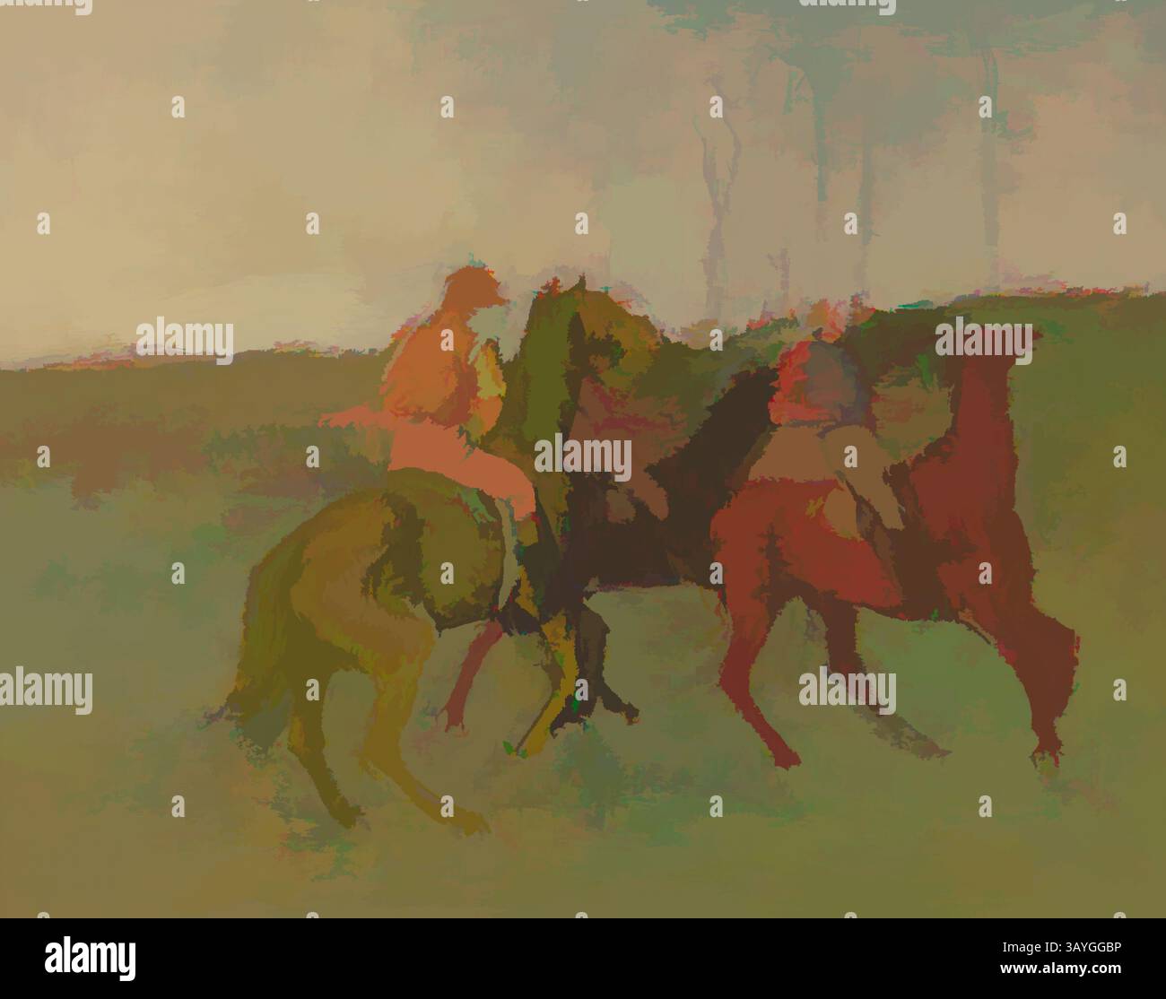 Two riders on horseback gallop across a verdant landscape, their ...