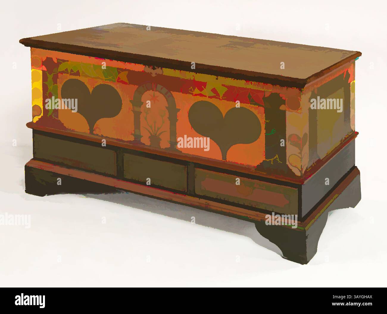 A decorative chest featuring vibrant patterns and heart motifs, with an ...