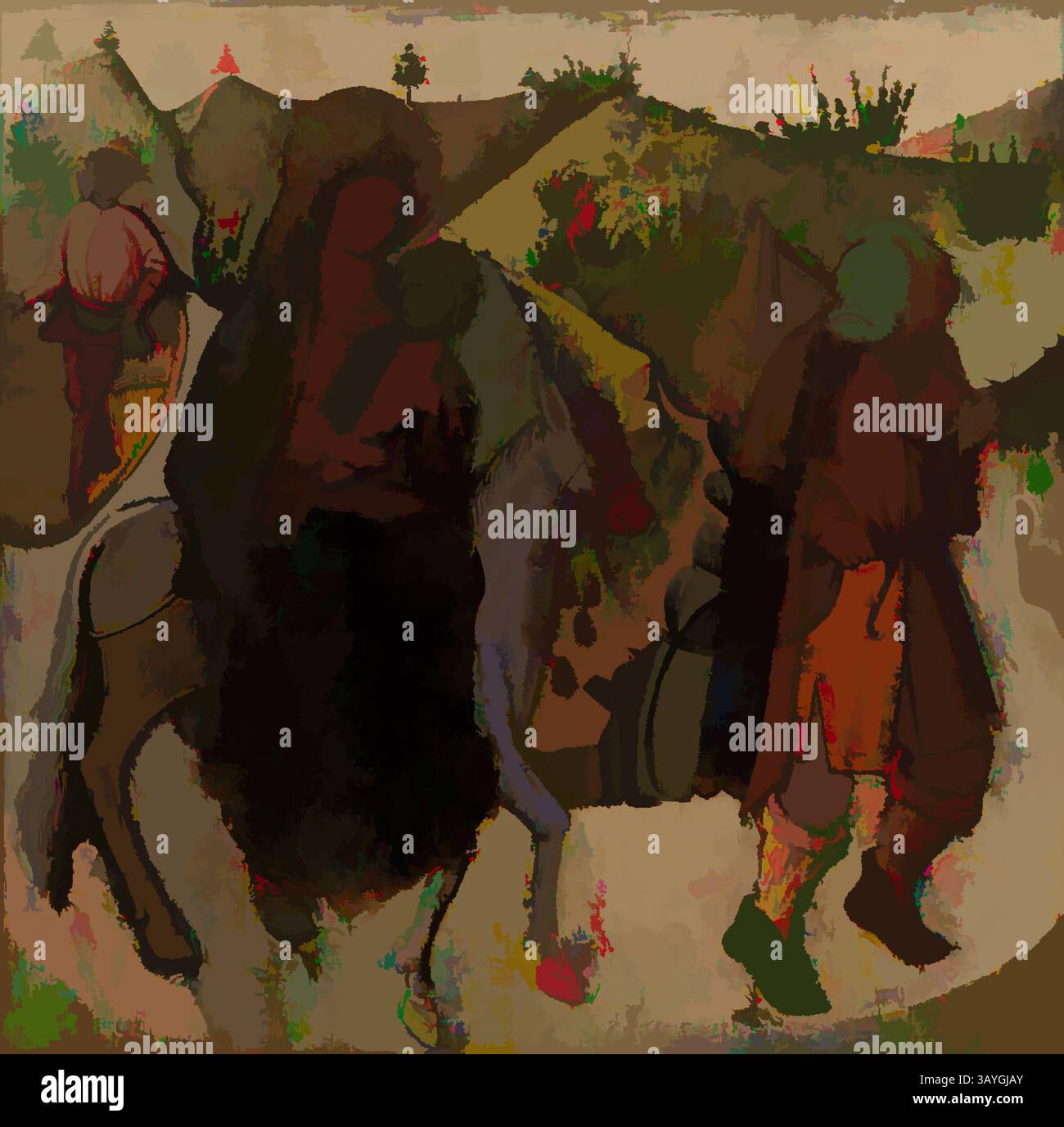 Two figures, one mounted on a horse, traverse a hilly landscape ...