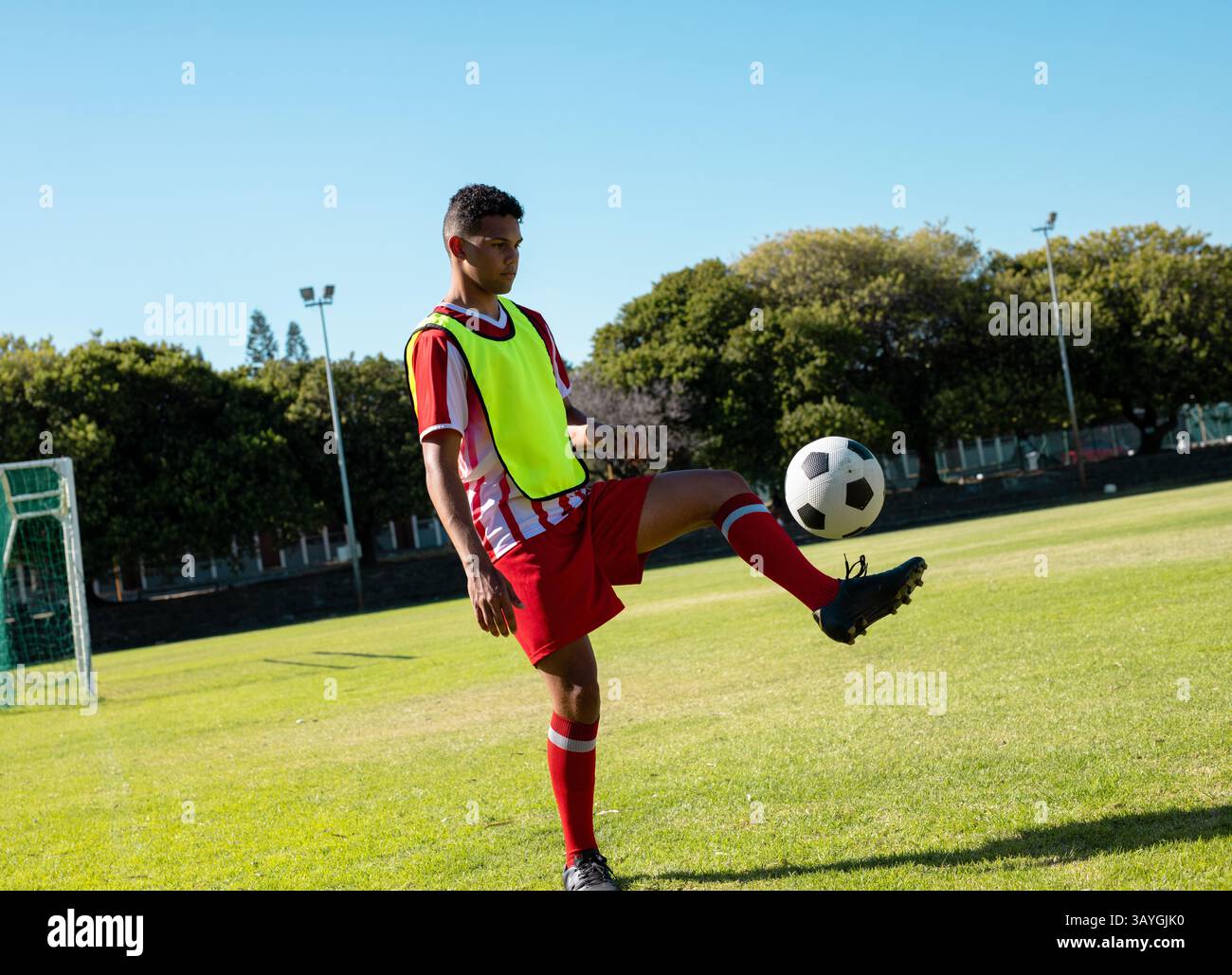 Male soccer player juggling soccer ball on soccer pitch, with ...