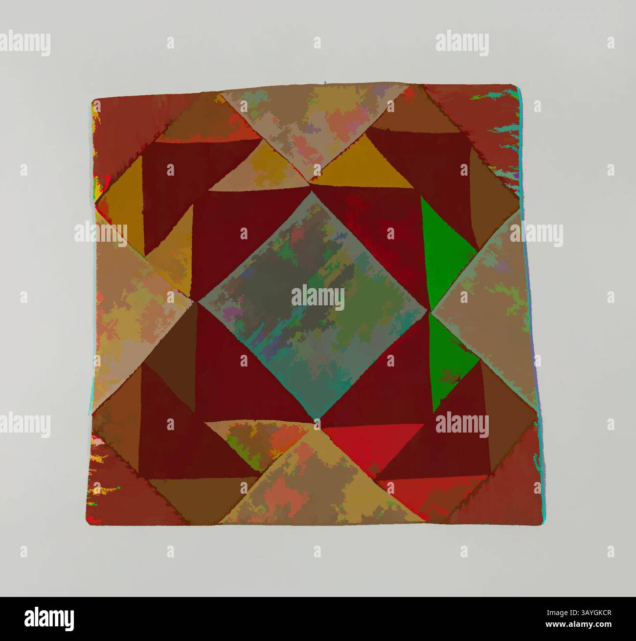 A vibrant quilt showcasing a geometric pattern with a mix of rich ...