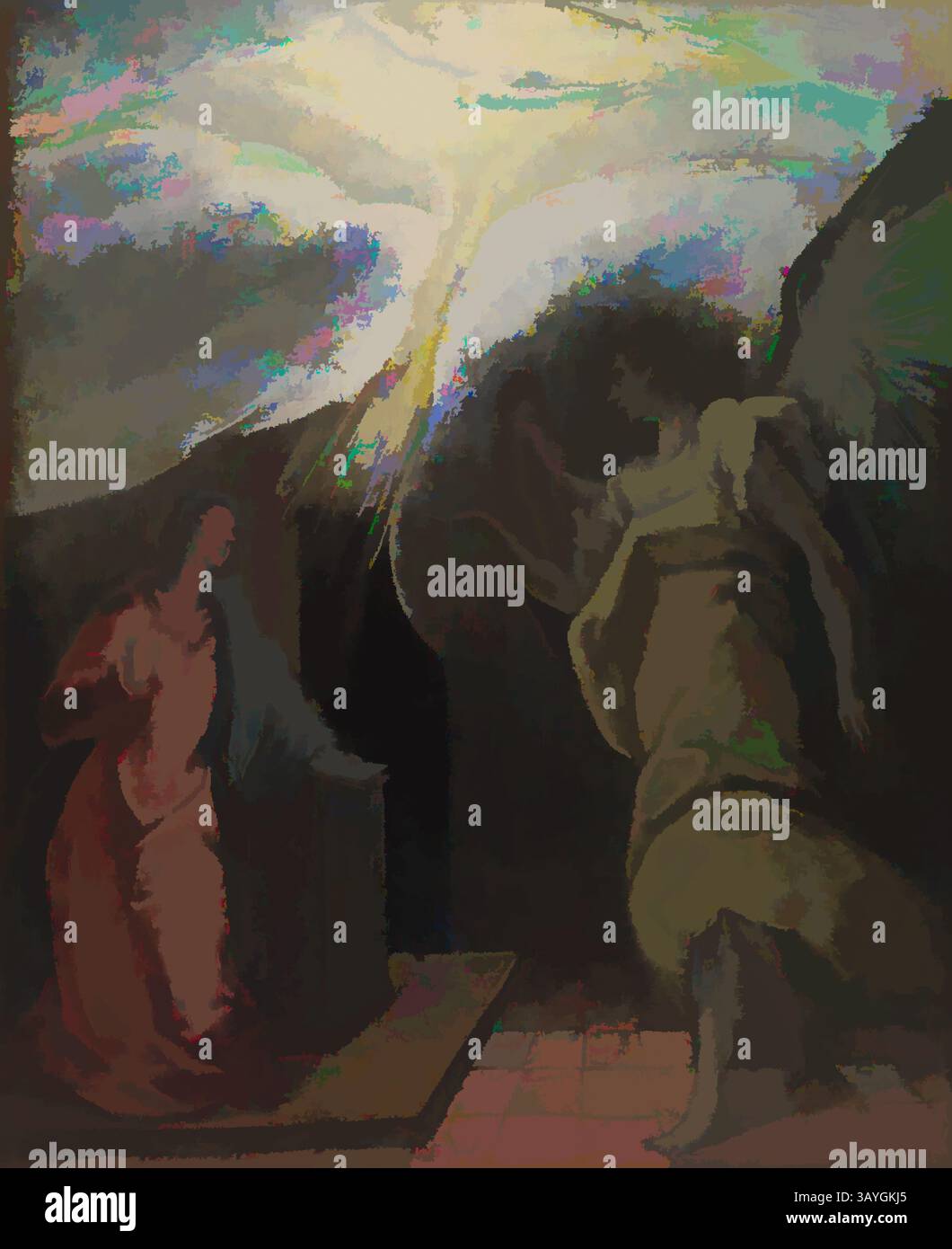 An ethereal scene captures a figure in flowing robes gesturing toward a ...