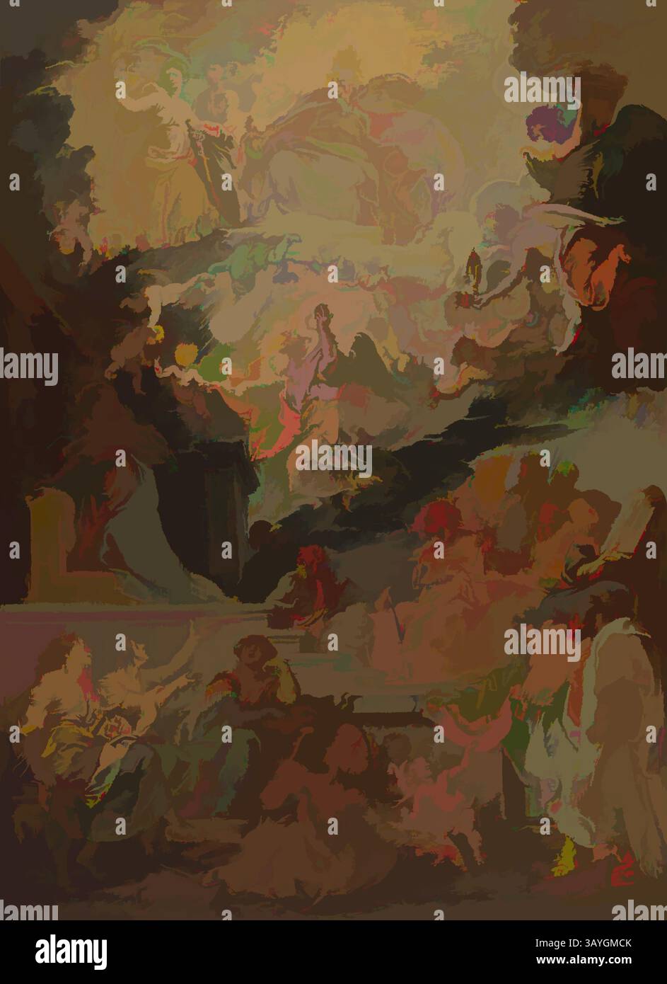 A swirling composition filled with ethereal figures, blending in rich ...