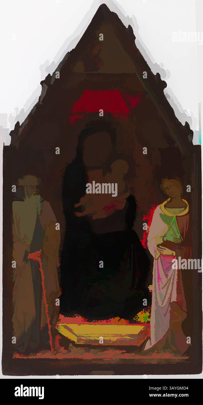 A religious altarpiece featuring a central figure of the Virgin Mary ...