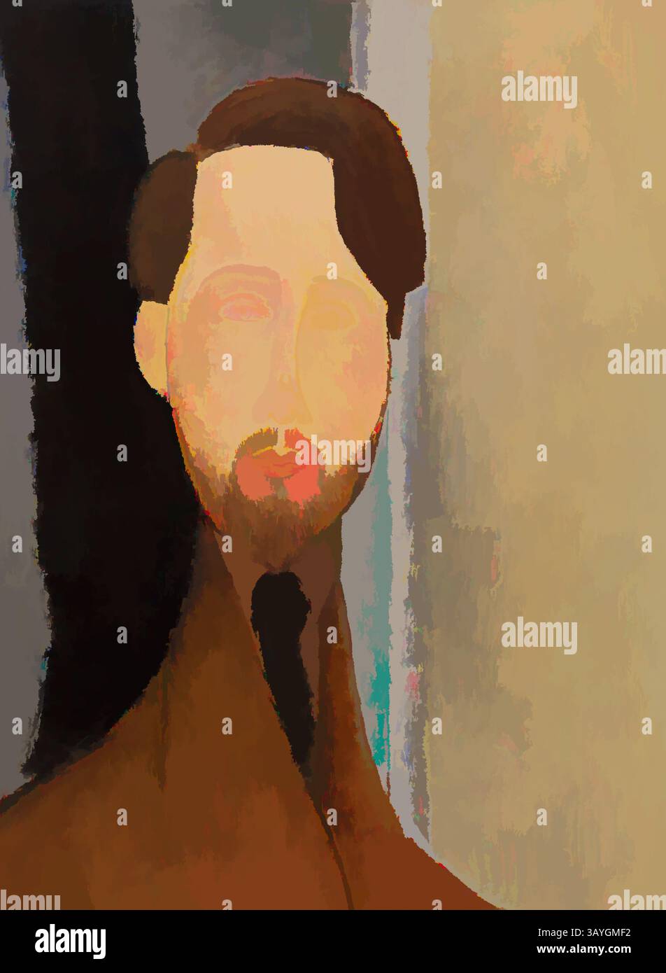 A stylized portrait of a man with a subtle beard, featuring an ...