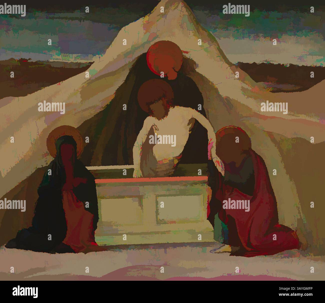 A scene depicting a figure emerging from a tomb, surrounded by two ...