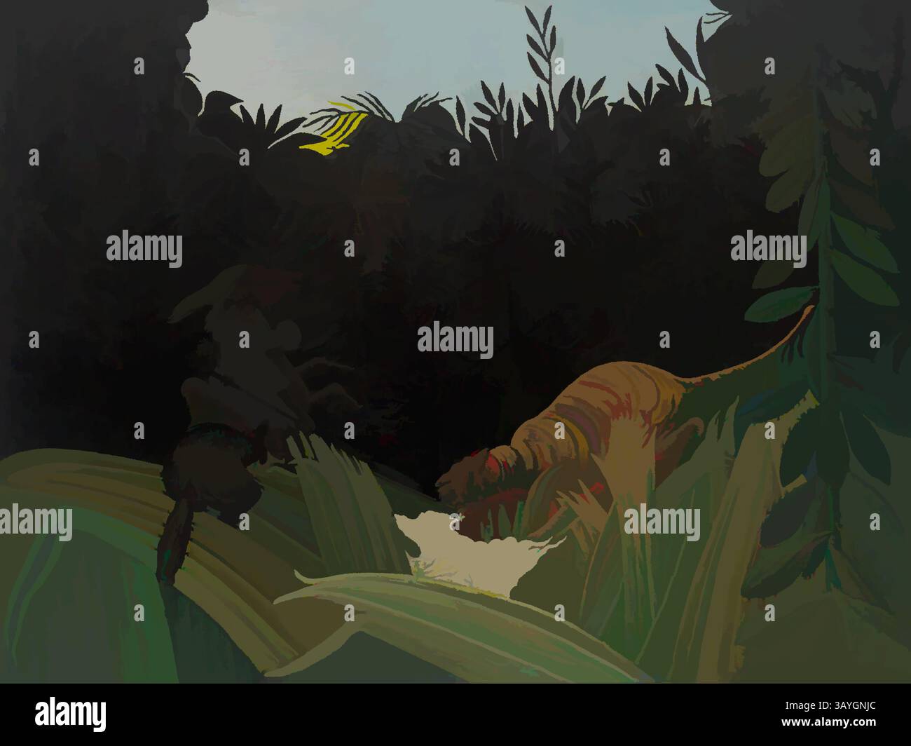 In a dense jungle, a large creature lurks amongst the foliage, with ...