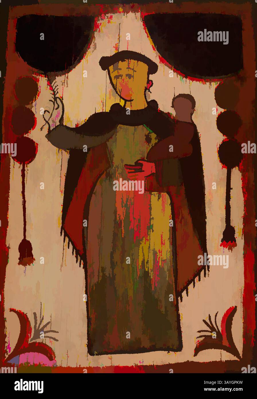 A stylized figure stands in a flowing gown with vibrant colors, holding ...