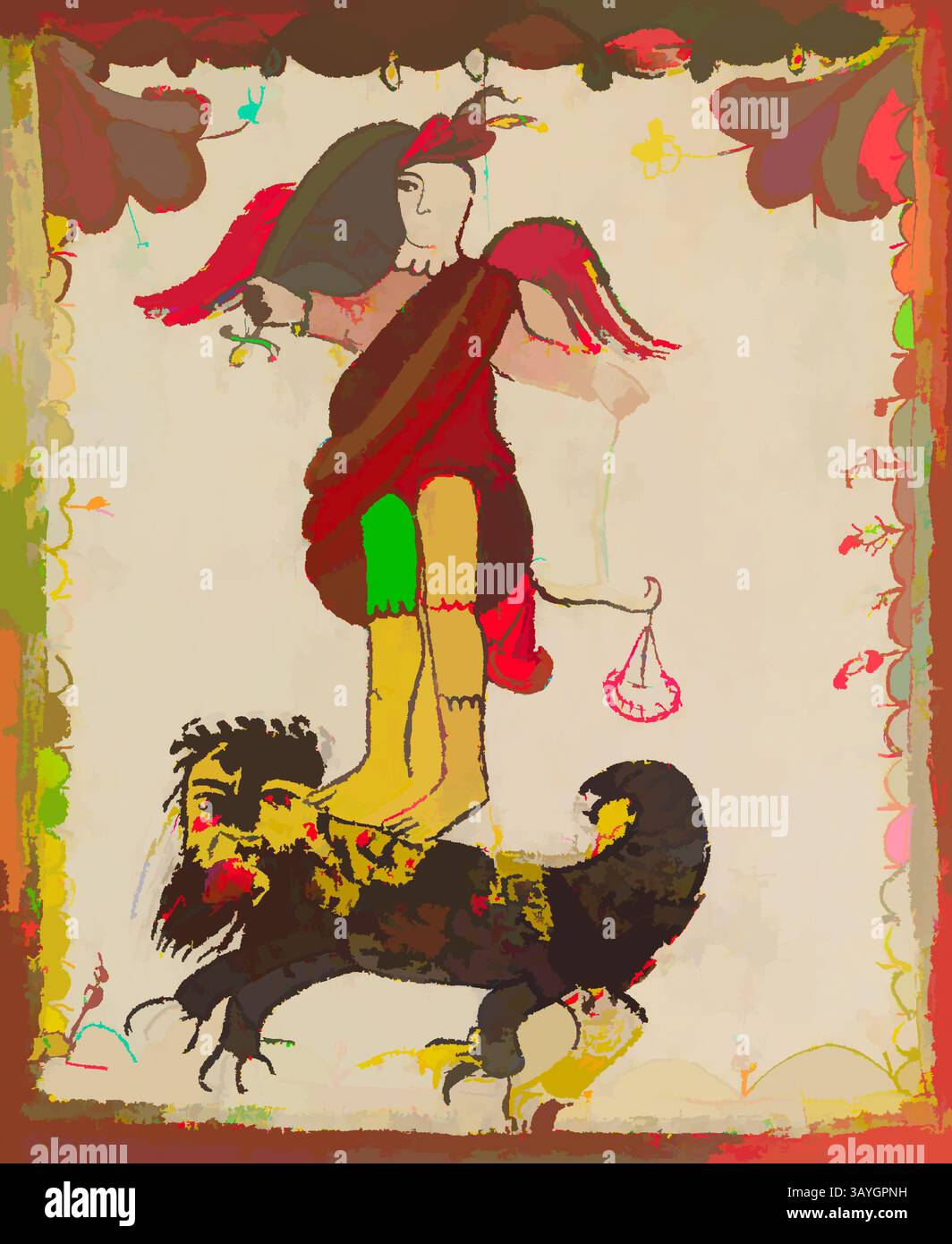 An ethereal figure stands confidently atop a fierce creature ...