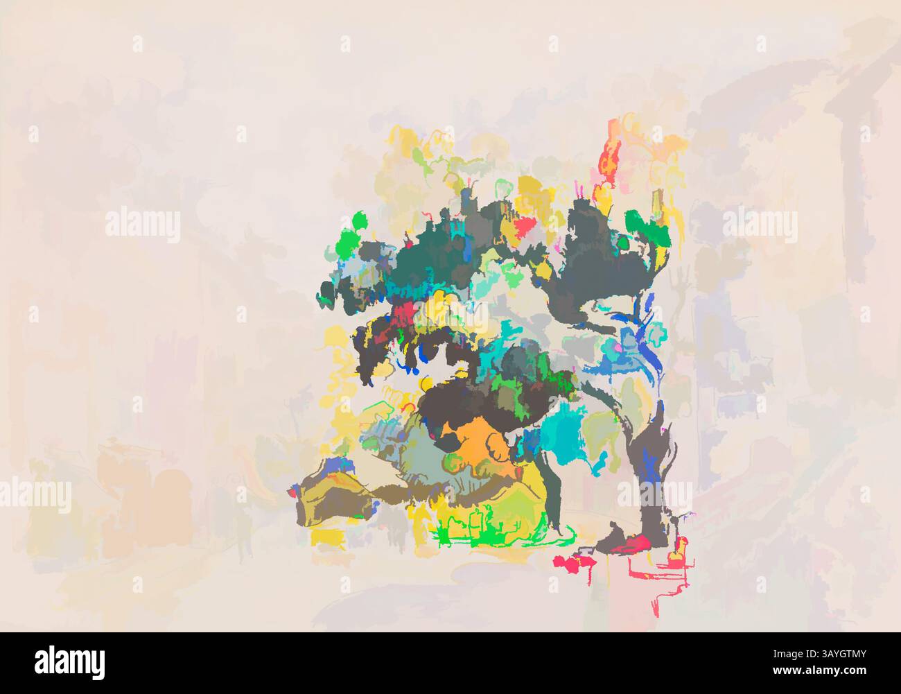 A vibrant, abstract depiction of a tree enriched with splashes of color ...