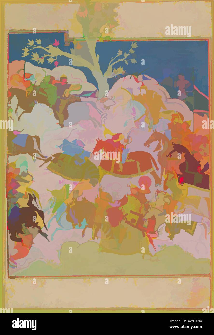 A chaotic battle scene unfolds, featuring horseback riders and warriors ...