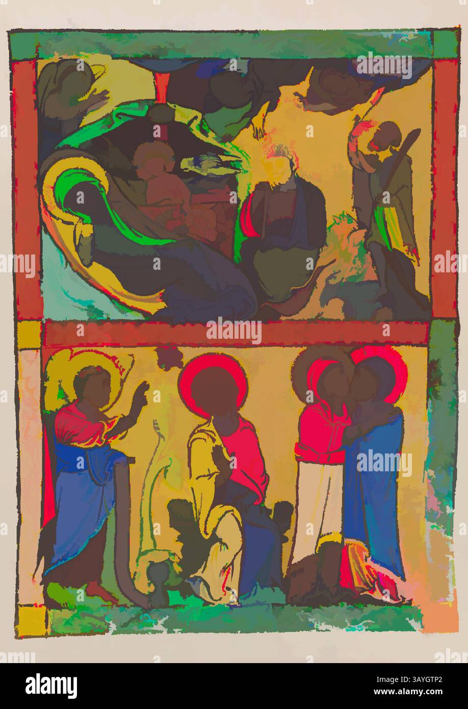 A vibrant tapestry depicting religious figures and scenes, featuring ...