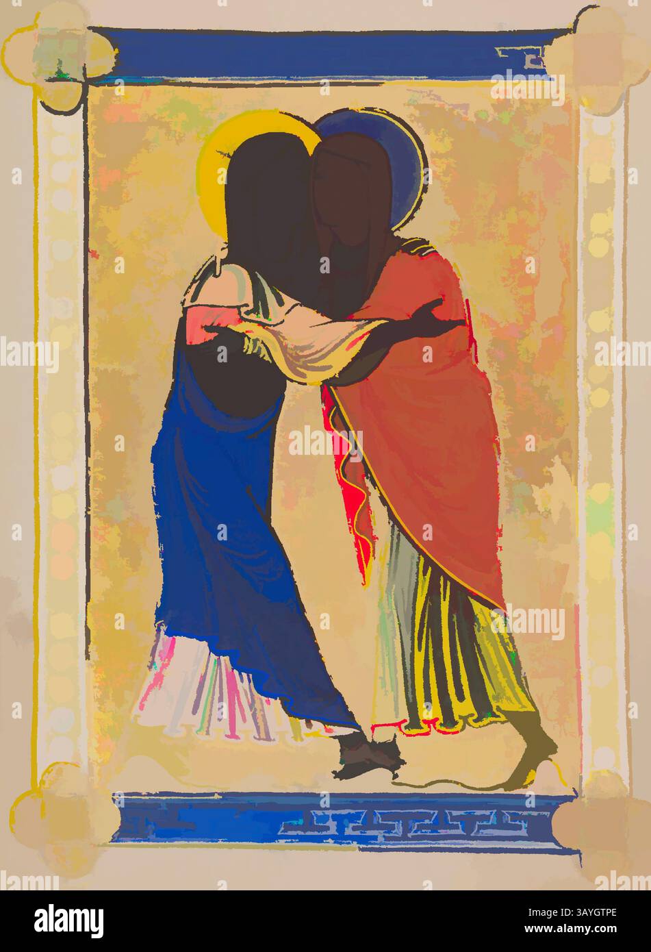 Two figures embrace warmly, adorned in flowing garments of blue and red ...
