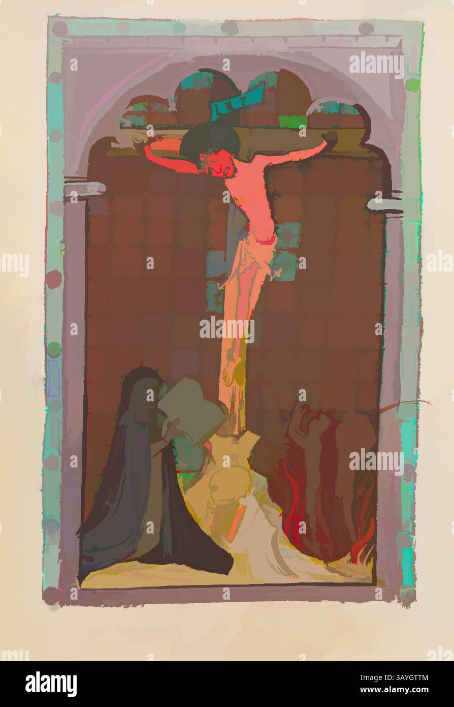 A stylized depiction of the crucifixion scene, featuring a central figure on a cross with ...