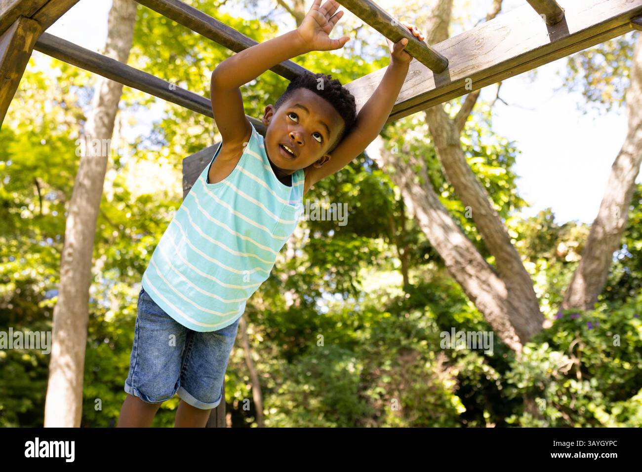 African American boy hanging from wooden monkey bars in park with tall ...
