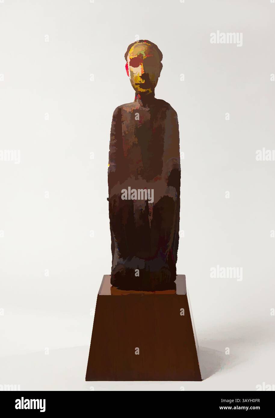 A stylized wooden sculpture of a seated figure, characterized by ...