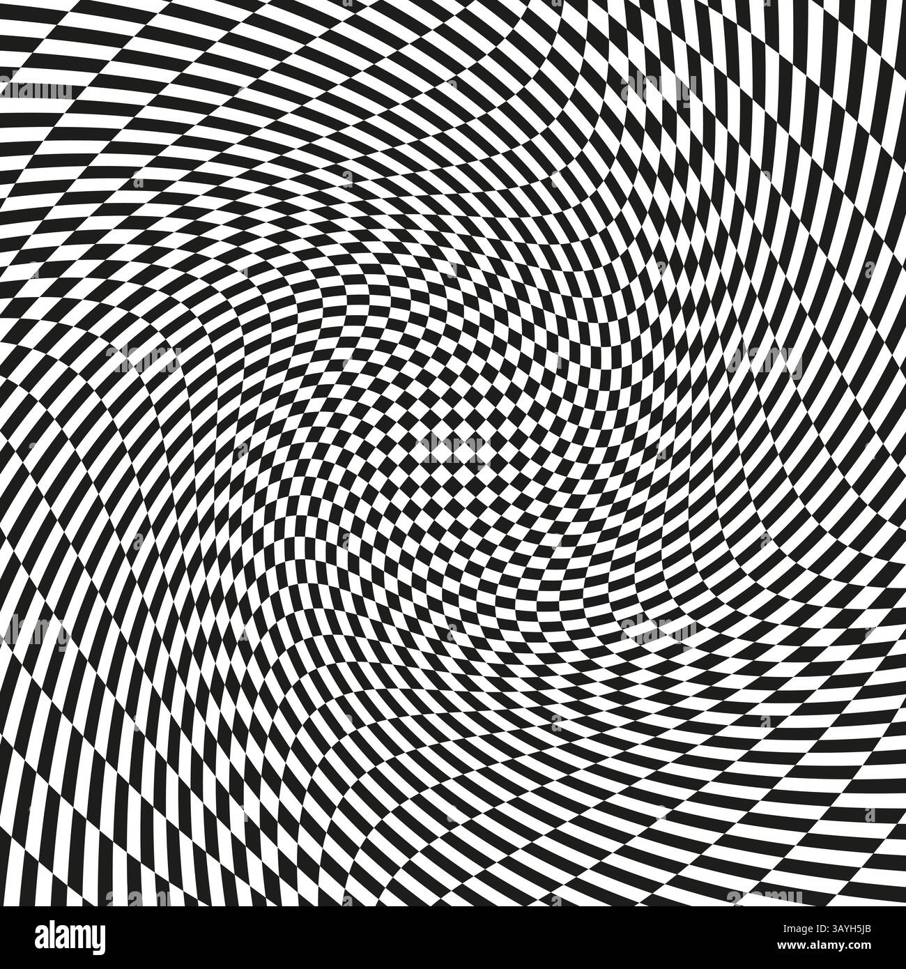 Twisting checker illusion. Black white distortion. Curved optical pattern. Abstract vector ...