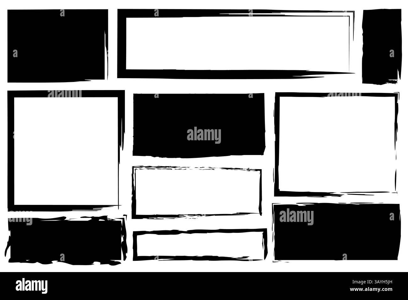 Grunge frame set. Ink brush border. Distressed rectangle outline ...