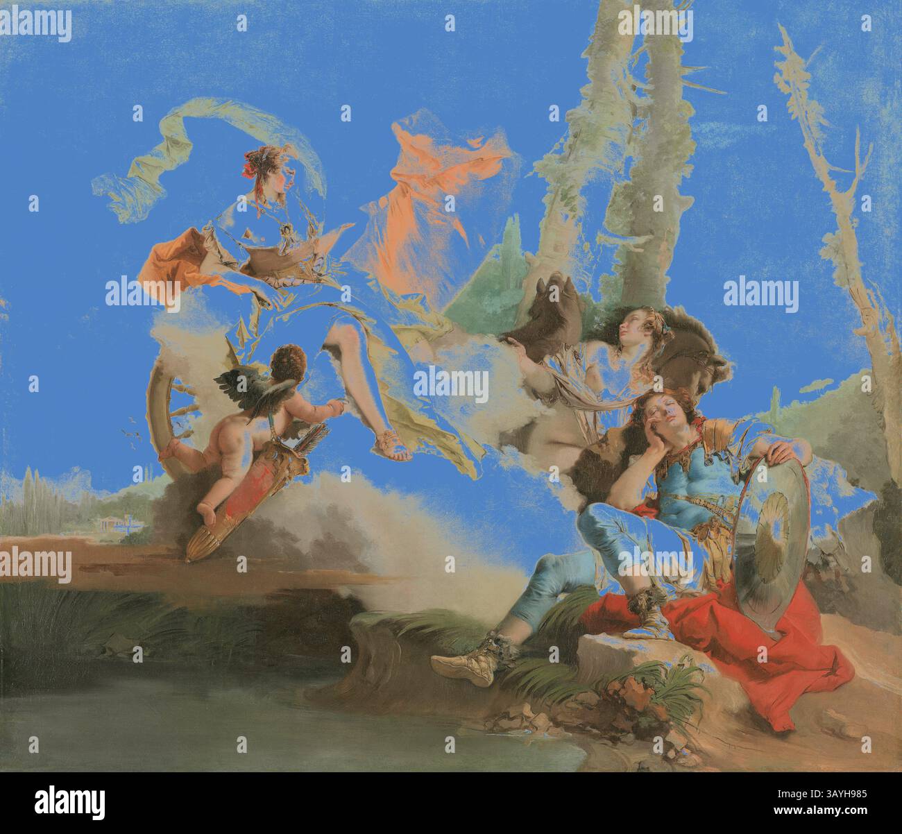 A dynamic scene depicting mythical figures, including a warrior resting ...