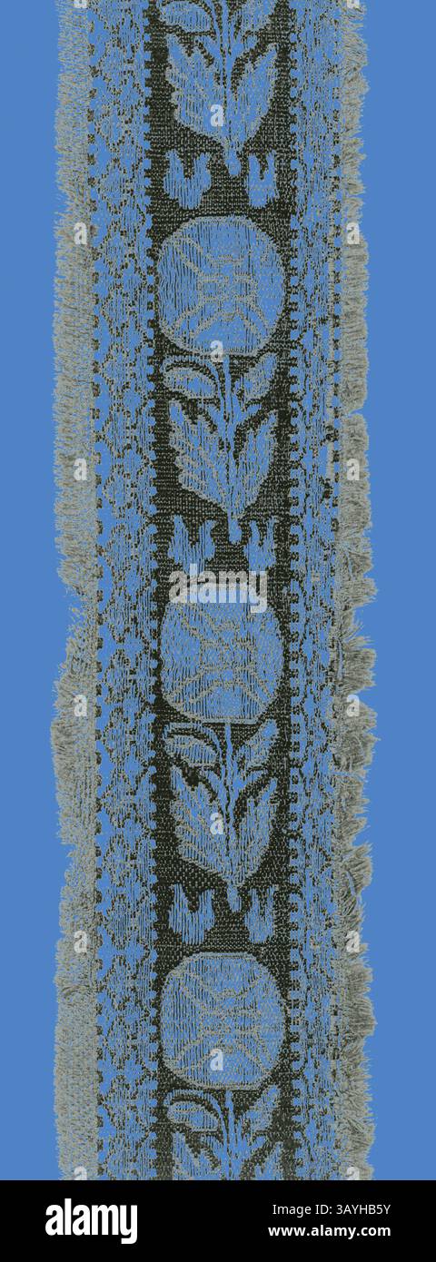 A decorative fabric strip featuring intricate floral and circular ...