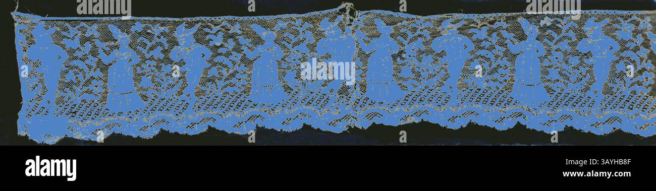 A delicate lace trim featuring intricate patterns of figures ...