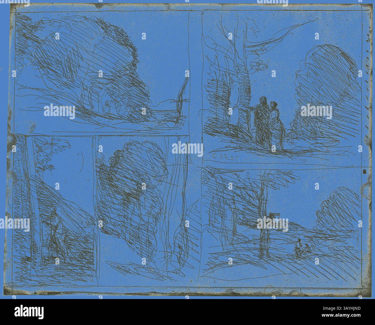 A series of sketches depicting figures amidst a natural landscape, with ...