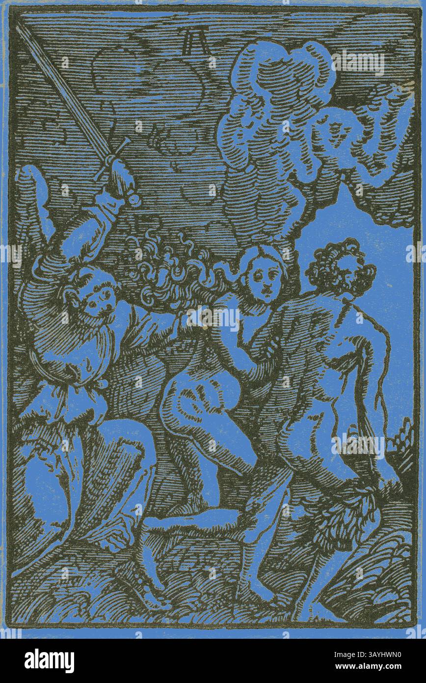 A dramatic scene depicts figures in a moment of tension, featuring a ...