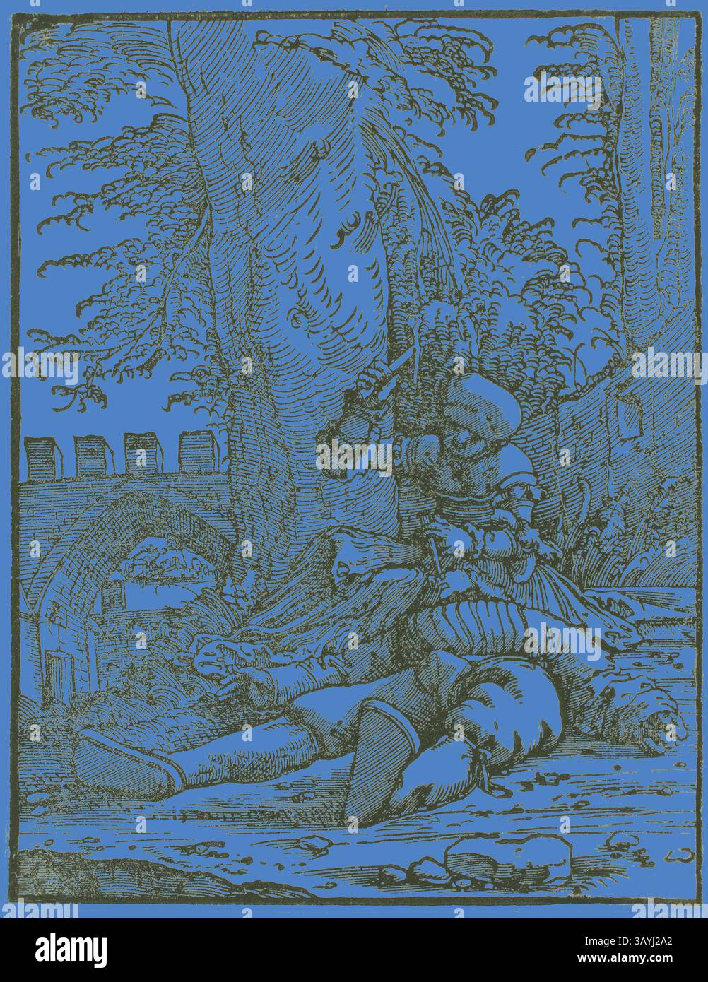 A knight in armor kneels beside a fallen warrior amidst a serene forest ...