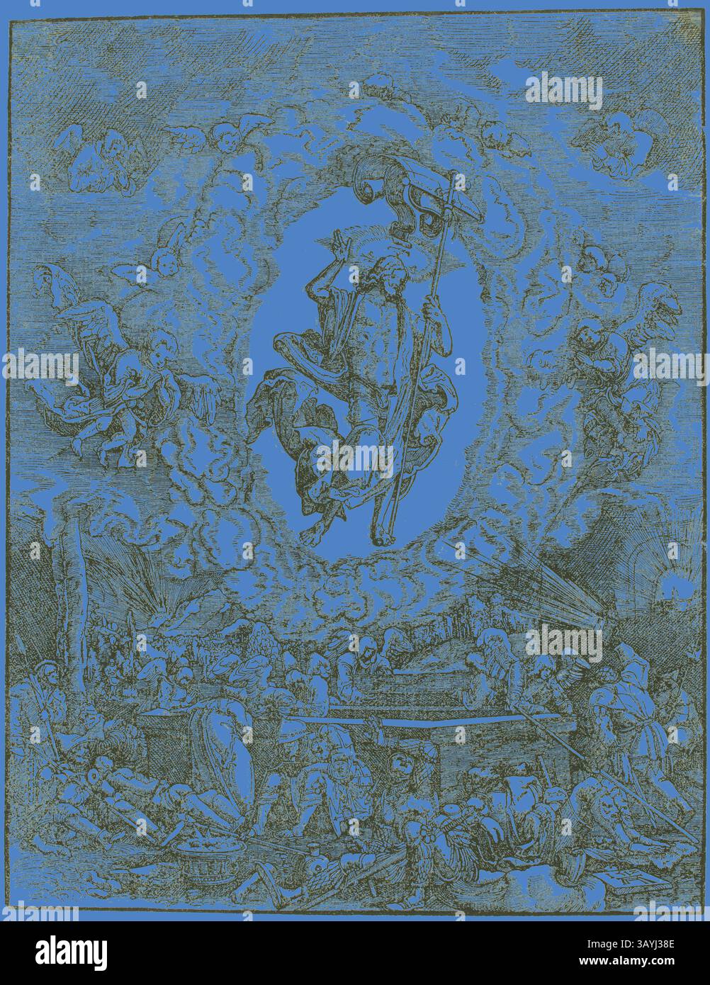 A central figure holds a cross, surrounded by a celestial scene of ...