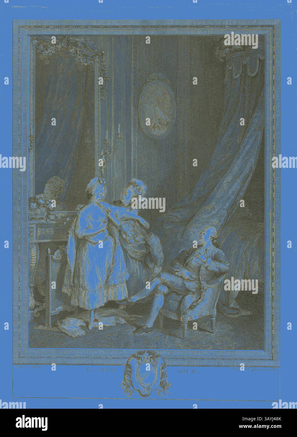 A lavishly decorated interior scene featuring two elegantly dressed ...