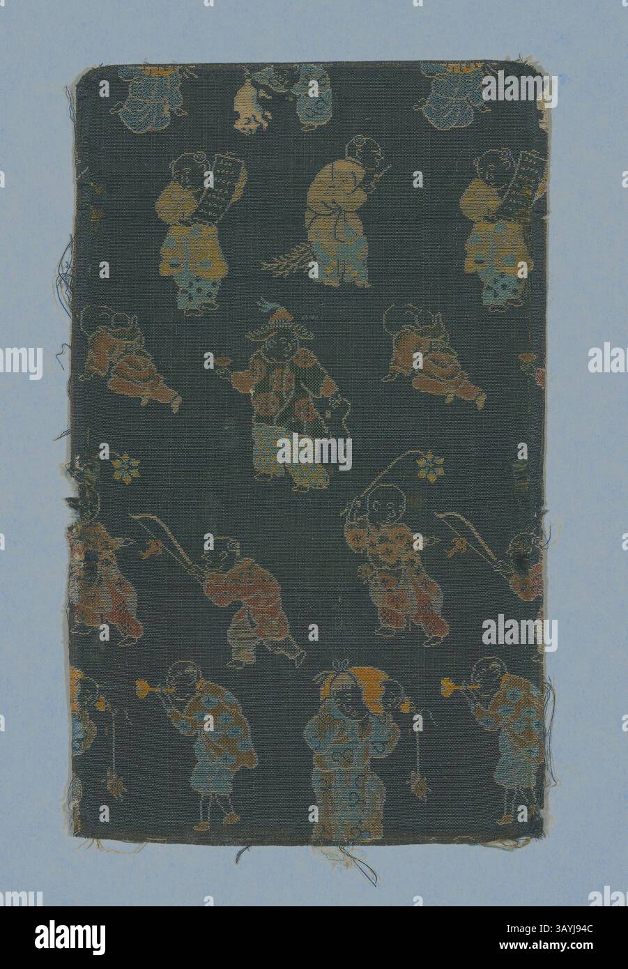 A richly textured textile featuring intricate patterns of figures ...