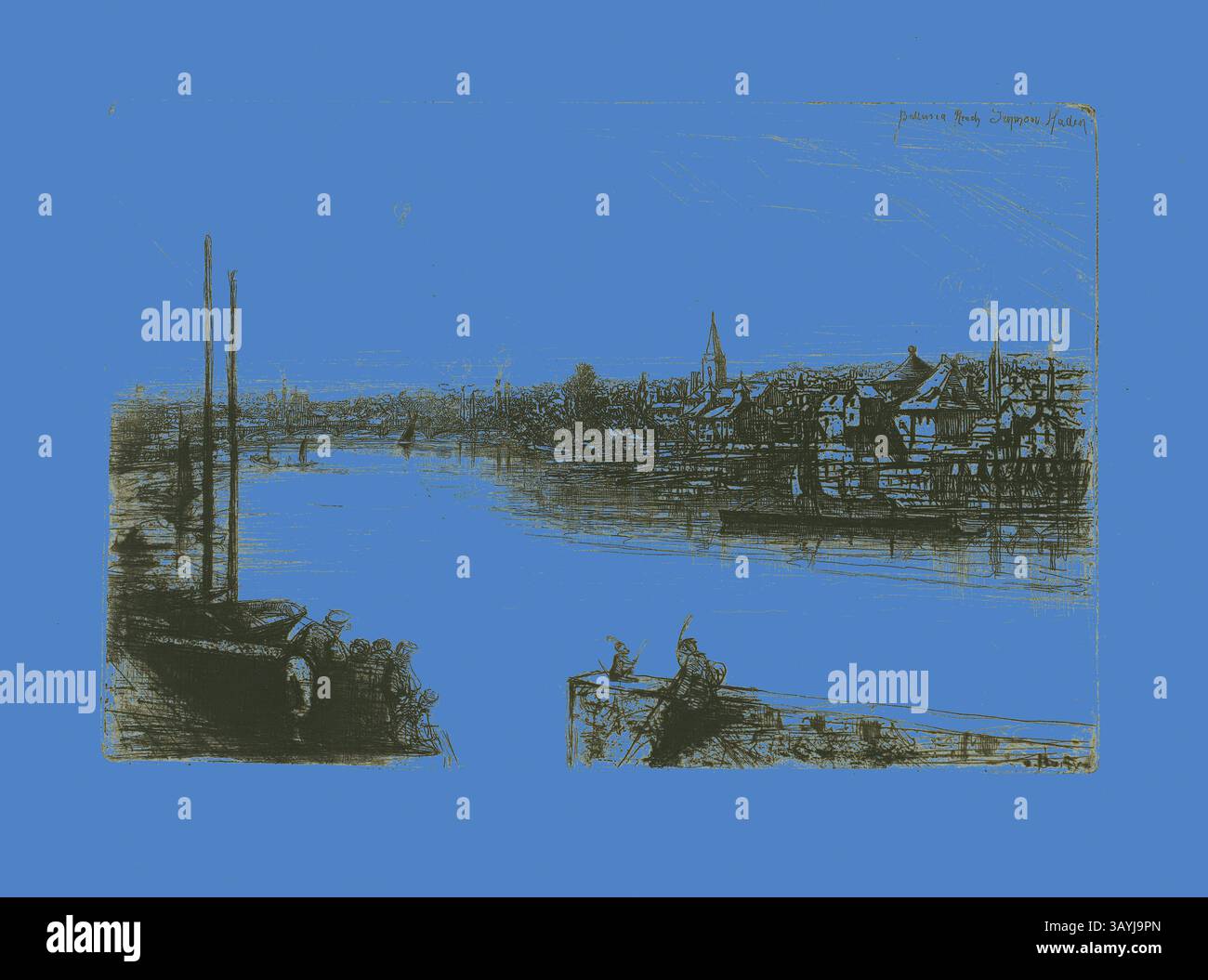 A serene riverside scene features quaint buildings lining the water's ...