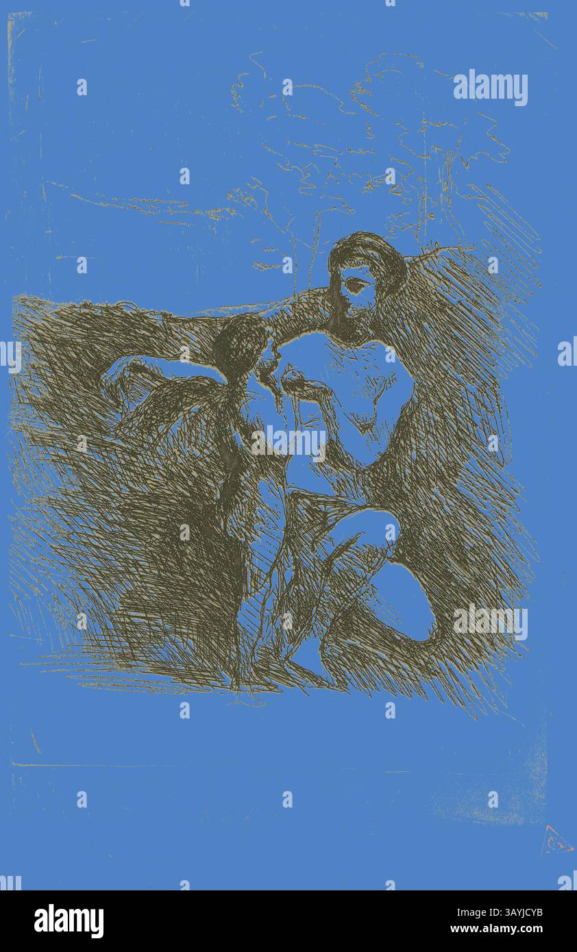 A muscular figure kneels, cradling a smaller figure in a tender pose ...