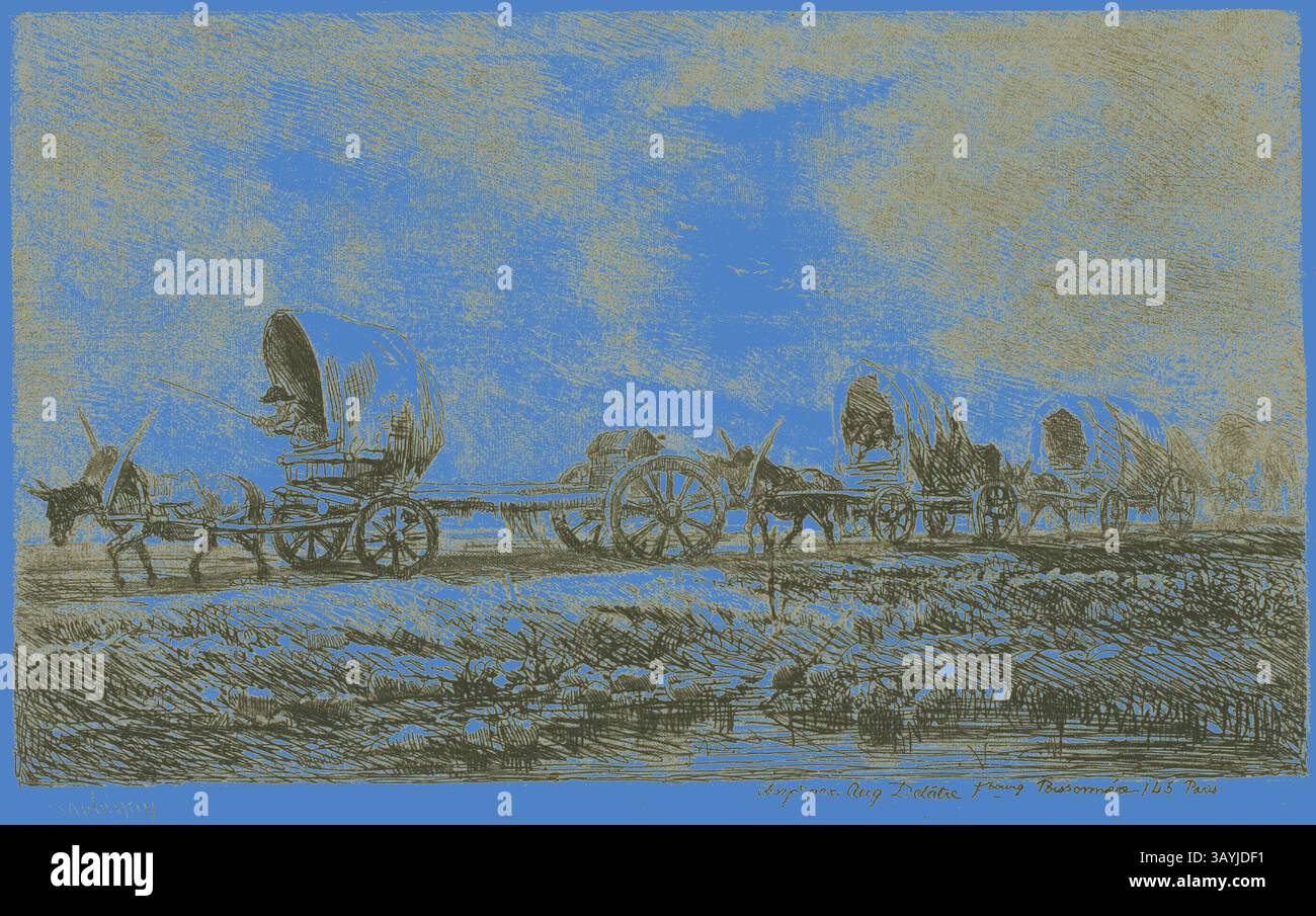 A line of covered wagons, drawn by oxen, moves across a vast, open ...