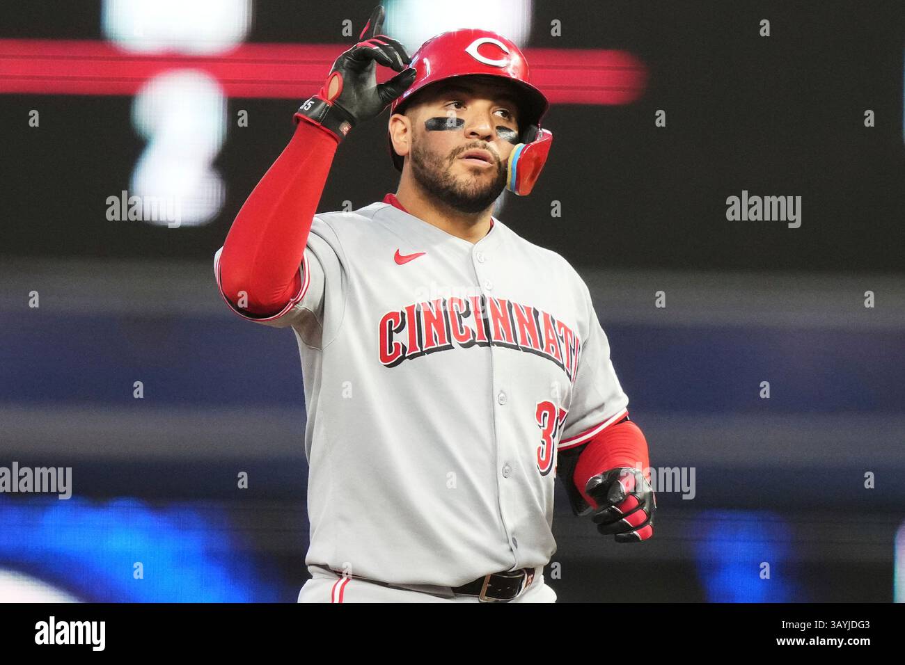 Cincinnati Reds' Jose Trevino reacts after hitting a double during the ...