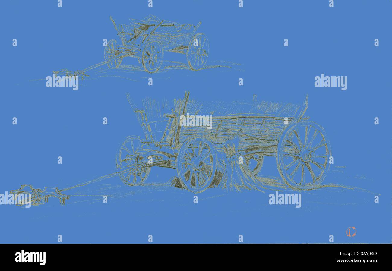 A pair of vintage wooden carts, featuring large spoked wheels and ...