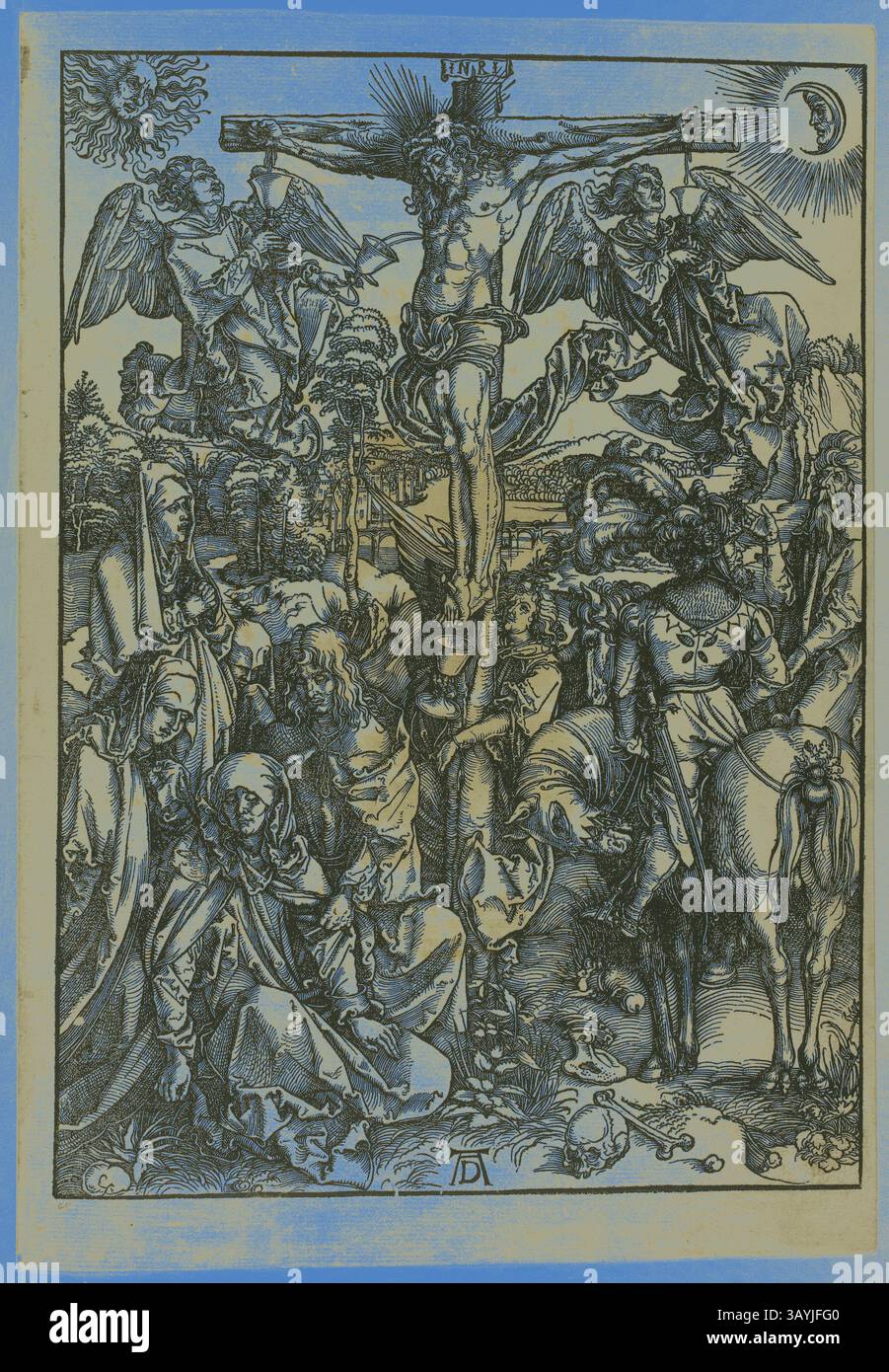 A detailed depiction of the crucifixion scene featuring Christ on the cross, surrounded by ...