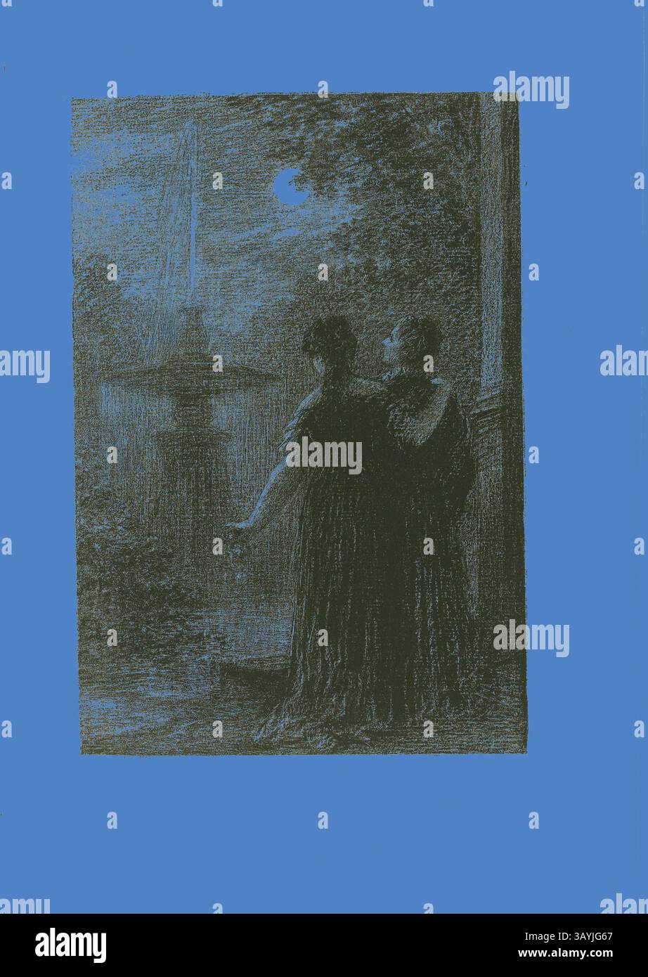 Two figures in elegant dresses stand together, gazing at a softly ...