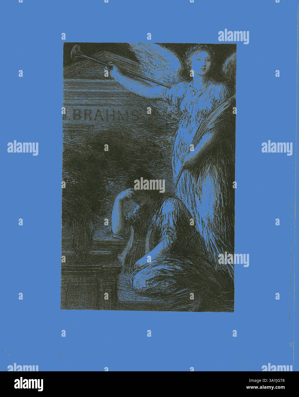 An ethereal figure with wings holds a trumpet high, symbolizing a call ...