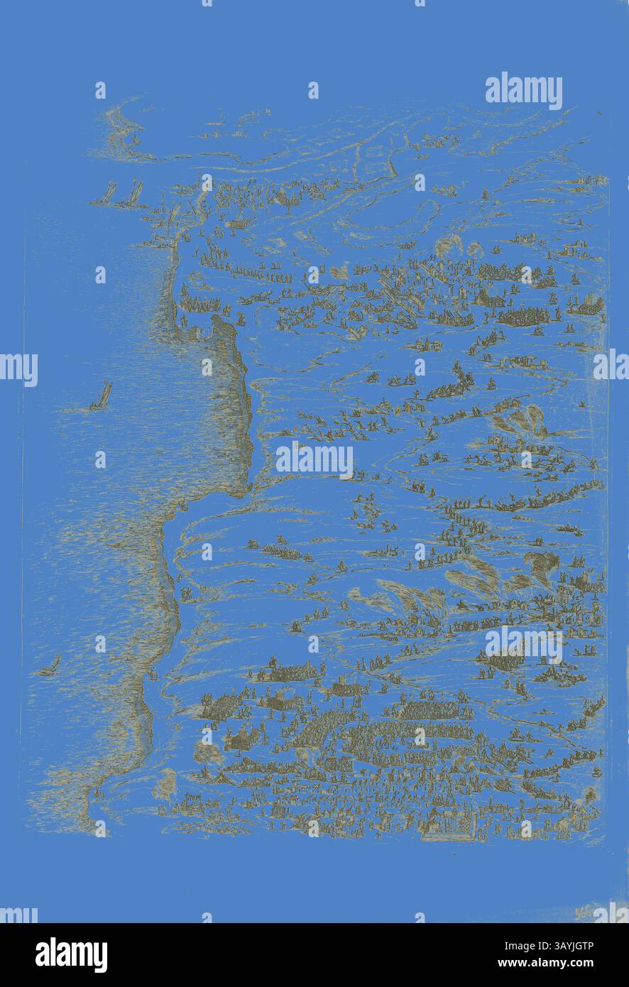 An illustration depicting a coastal landscape with a detailed shoreline ...