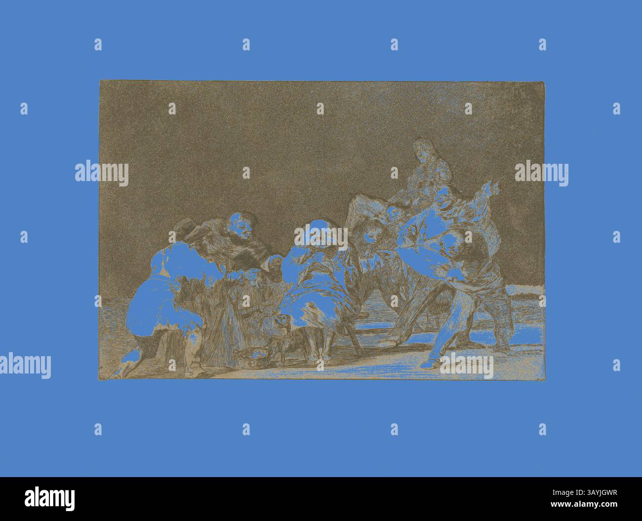 A chaotic scene depicts a group of figures in dynamic poses, expressing ...