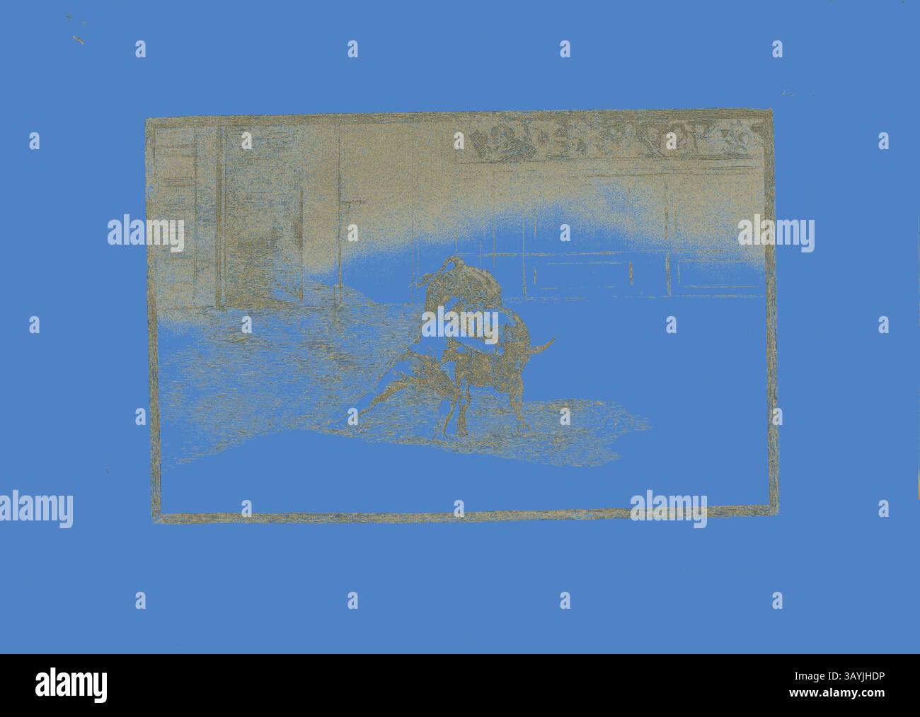 A dynamic scene captures a bullfighter and bull engaged in an intense ...