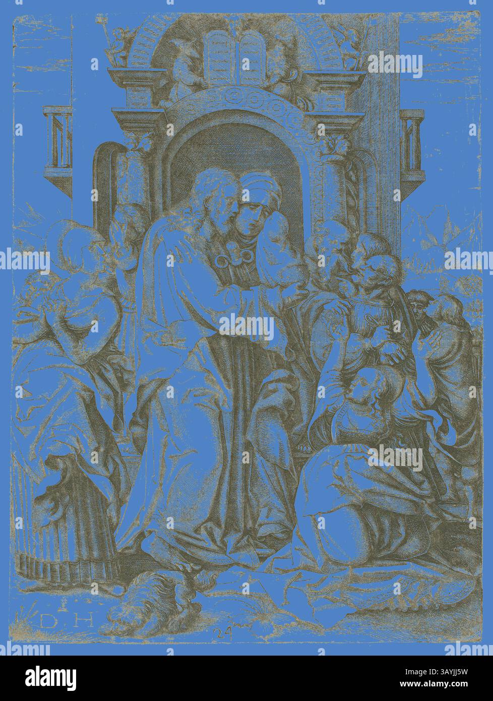 A scene depicting a tender moment between figures, surrounded by a ...