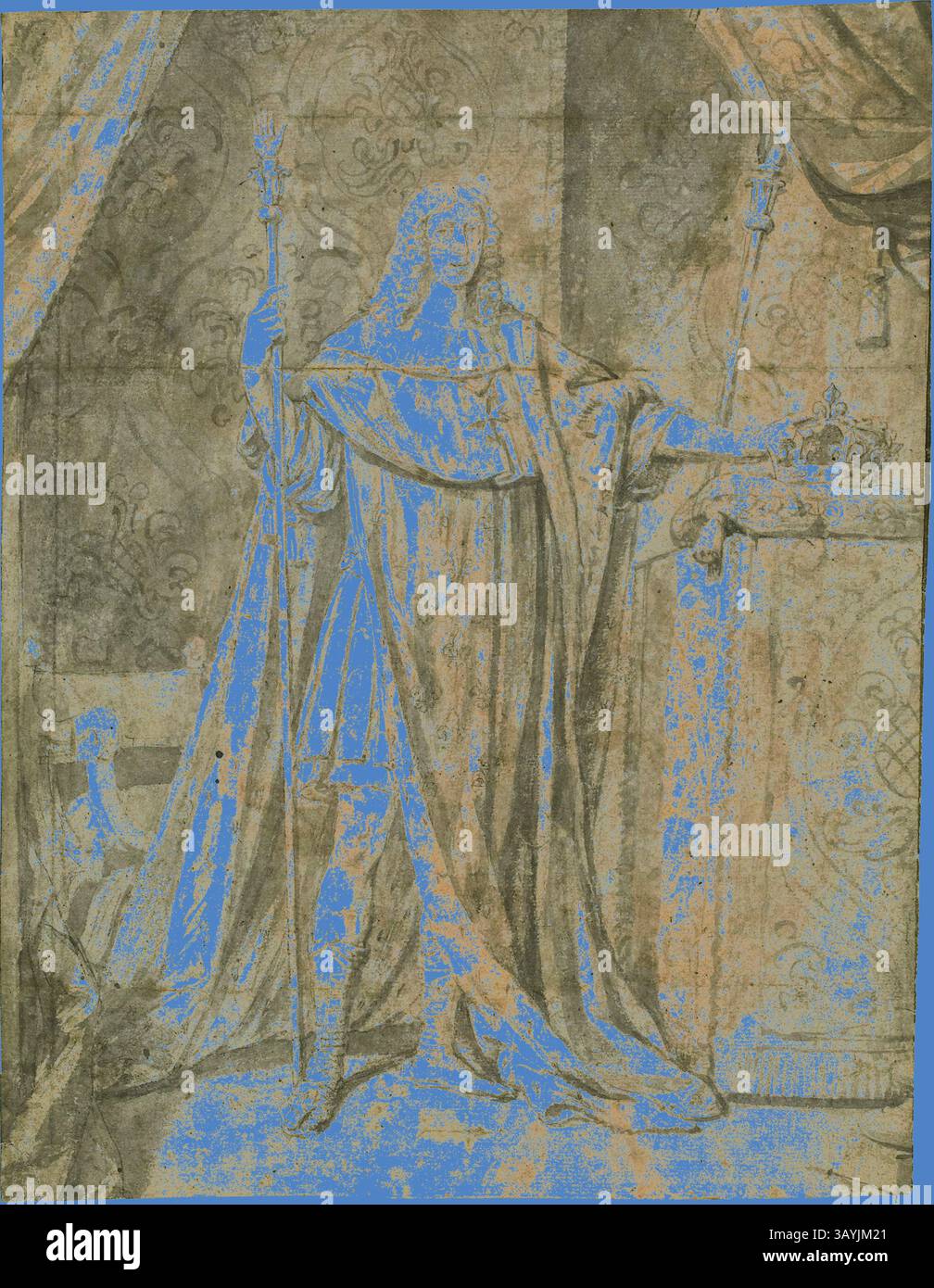 A regal figure stands with a scepter, adorned in elaborate robes ...