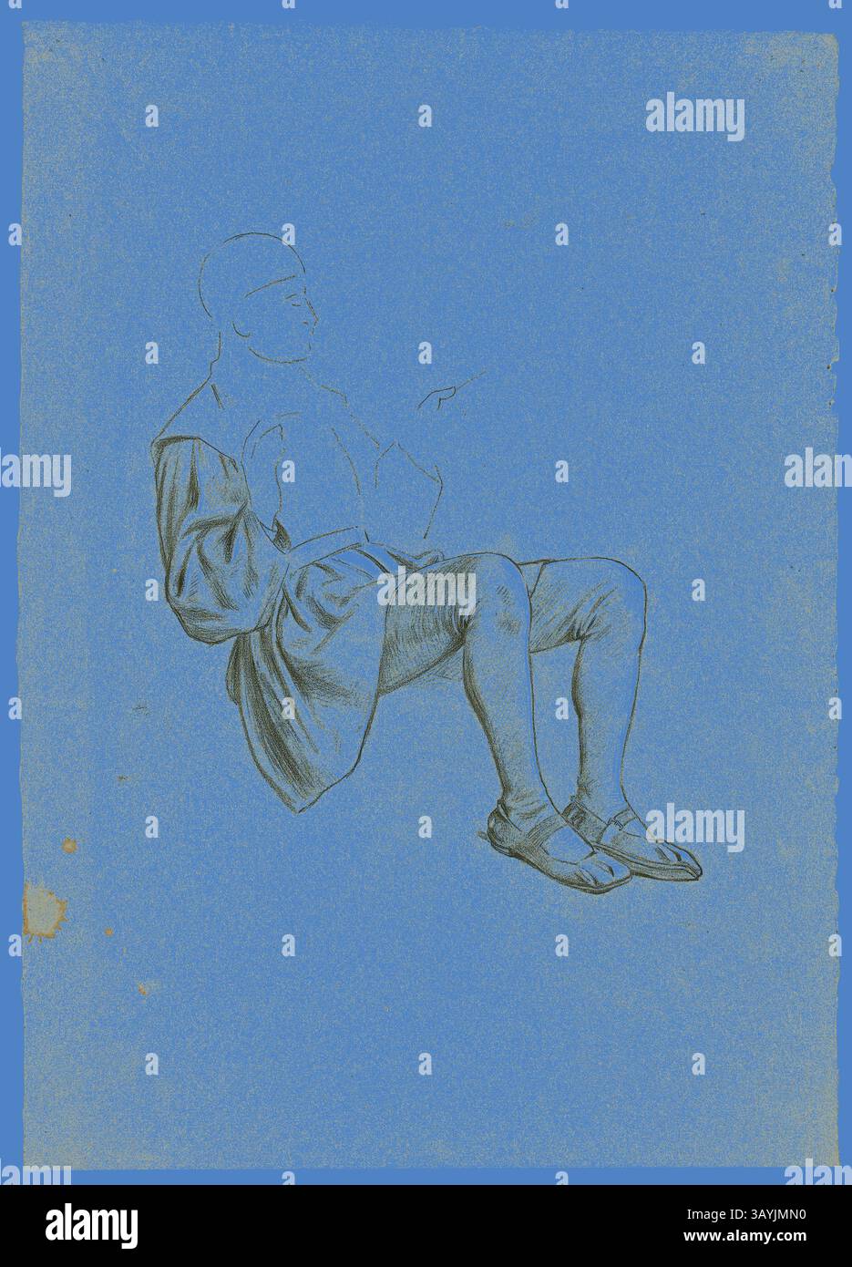 A seated figure is depicted with an elongated pose, wearing a robe and ...