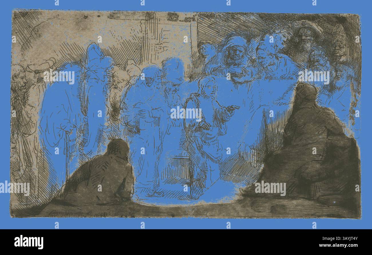 A group of figures is depicted in a dramatic scene, with some standing ...