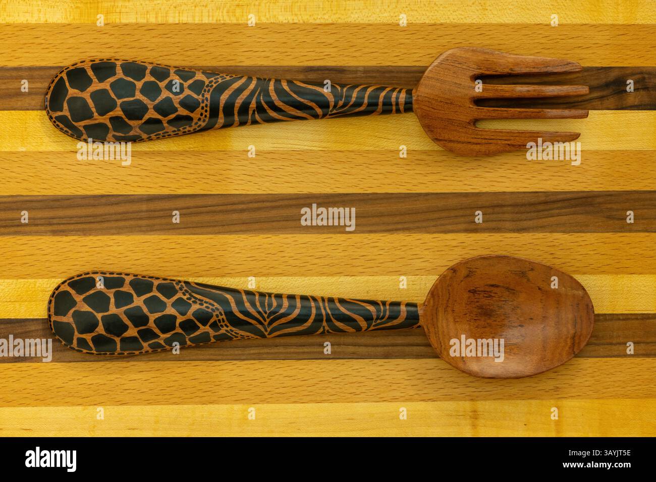 Decorative traditional African hand carved wooden salad serving spoon ...