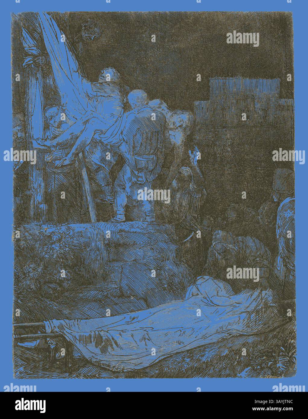 A dramatic scene depicting a group of figures attending to a body, with ...