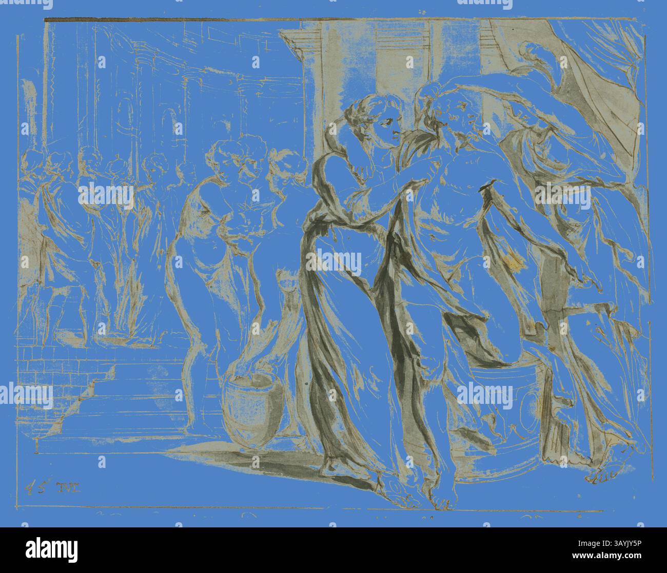 A dynamic scene depicting several figures in a classical setting ...