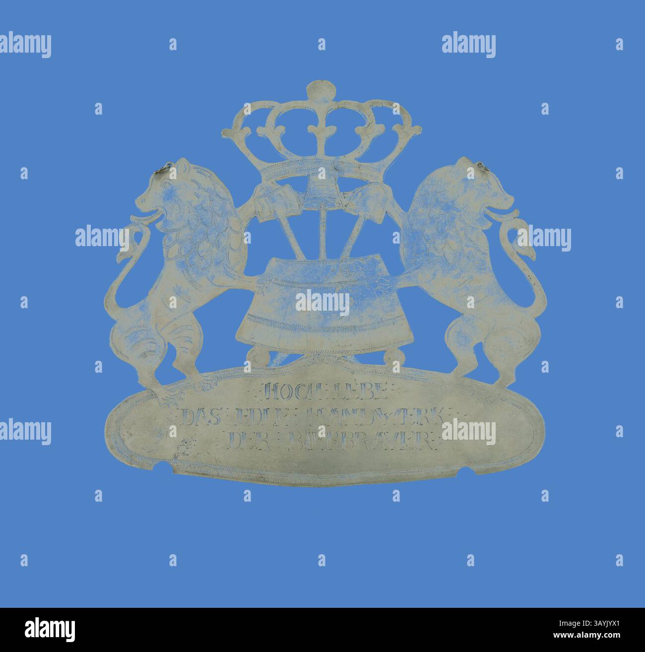 A heraldic emblem featuring two majestic lions flanking a central crown ...